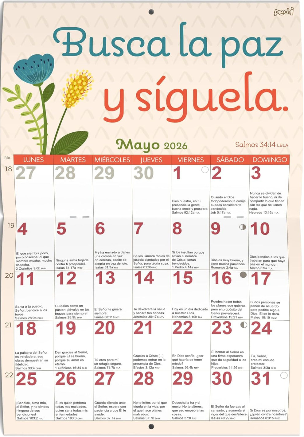 Calendario de pared Pechi 2026 – Fe y esperanza